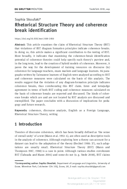 (PDF) Rhetorical Structure Theory and coherence break identification