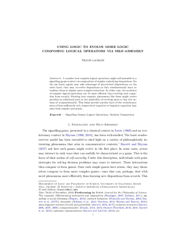 Pdf Using Logic To Evolve More Logic Composing Logical Operators Via Self Assembly Travis 