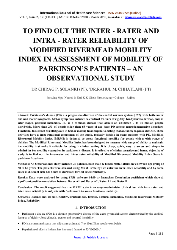 (PDF) TO FIND OUT THE INTER -RATER AND INTRA -RATER RELIABILITY OF MODIFIED RIVERMEAD MOBILITY ...