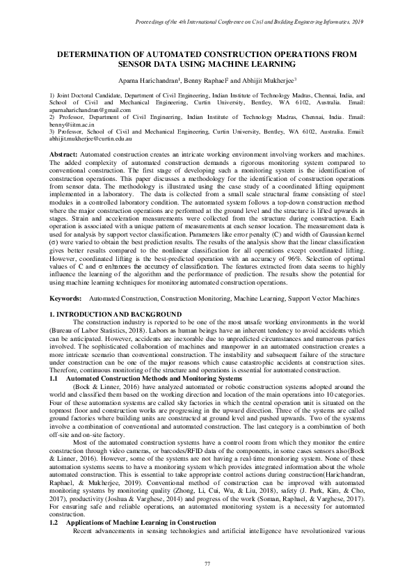 (PDF) Determination of Automated Construction Operations from Sensor Data Using Machine Learning