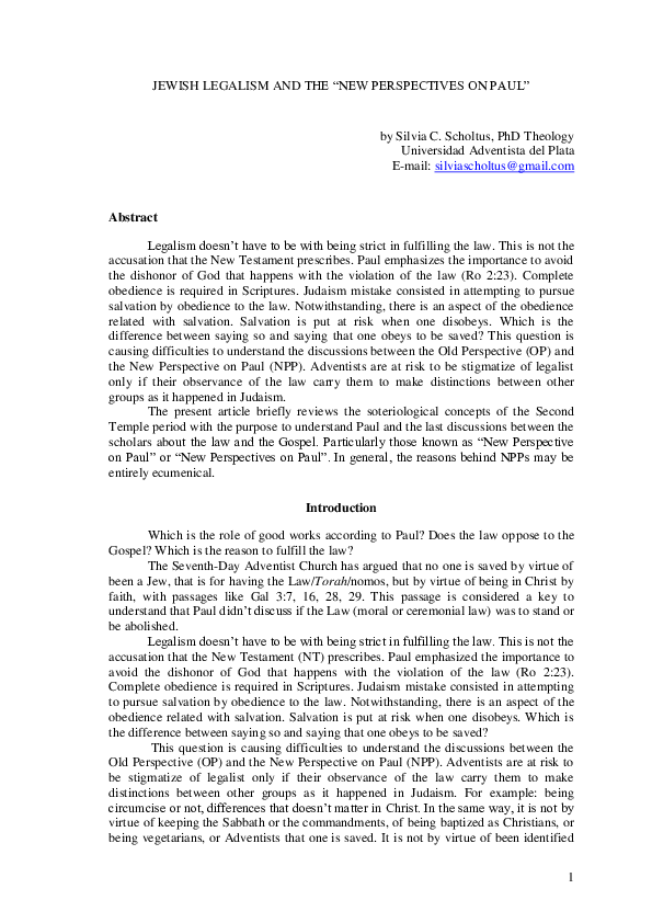 (PDF) Jewish Legalism and the "New Perspectives on Paul"