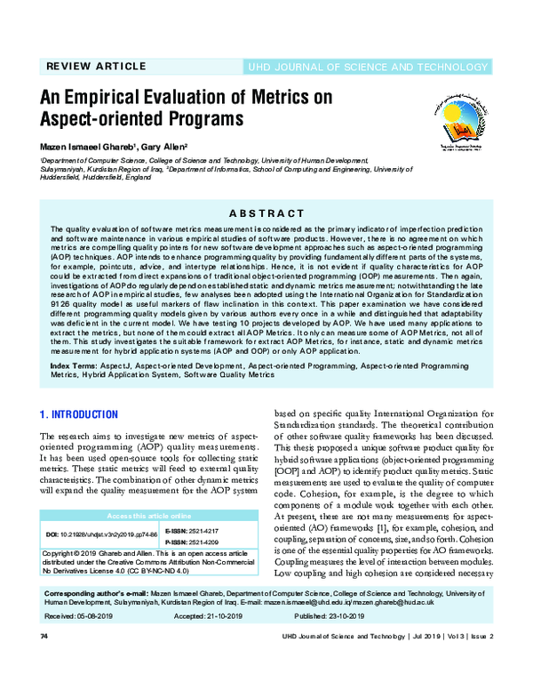 (PDF) An empirical evaluation of metrics on aspect oriented programs20191125 108438 vegj30