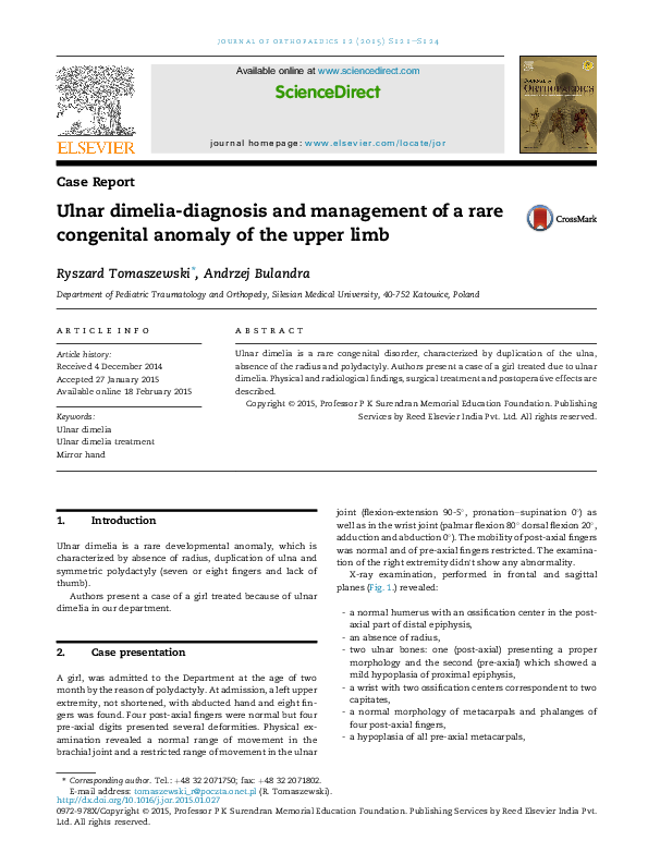 (PDF) Ulnar dimelia-diagnosis and management of a rare congenital ...
