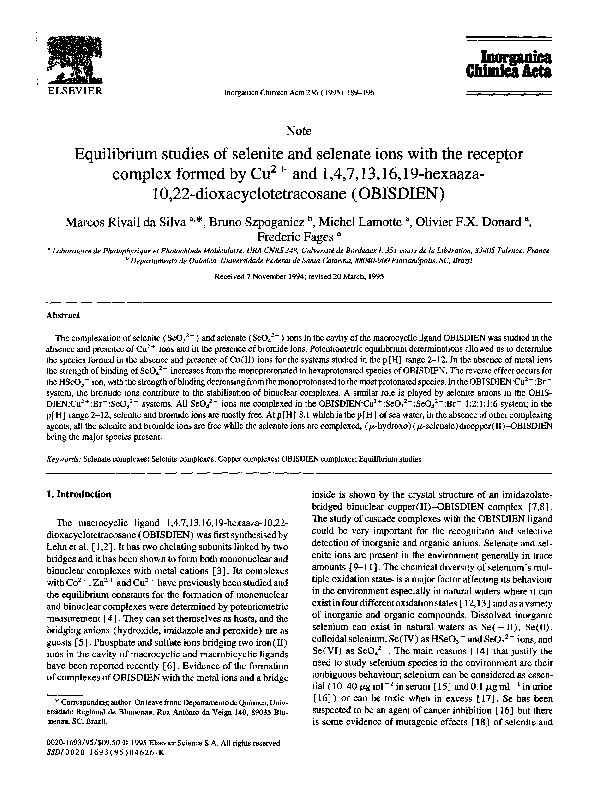(PDF) Equilibrium studies of selenite and selenate ions with the ...