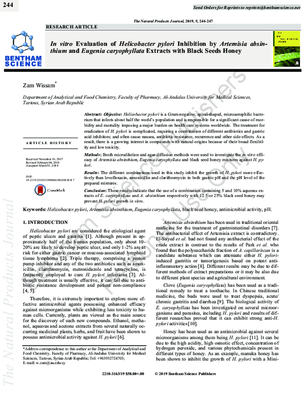 (PDF) In vitro Evaluation of Helicobacter pylori Inhibition by ...