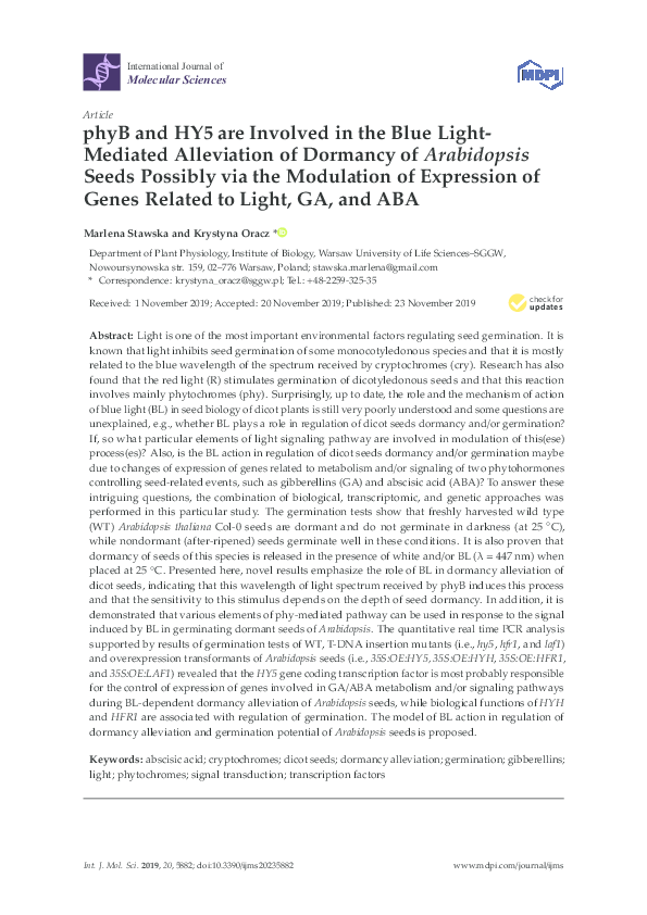 (PDF) phyB and HY5 are Involved in the Blue Light- Mediated Alleviation ...