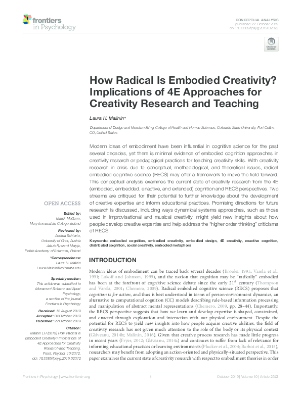 Pdf How Radical Is Embodied Creativity Implications Of 4e Approaches For Creativity Research