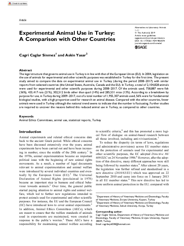 (PDF) Experimental Animal Use in Turkey: A Comparison with Other Countries