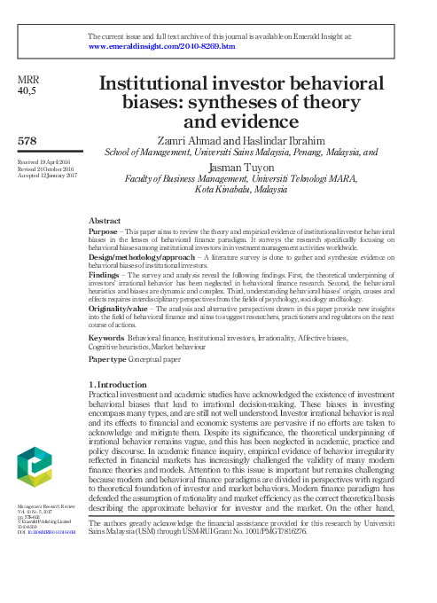 (PDF) Institutional investor behavioral biases: syntheses of theory and ...