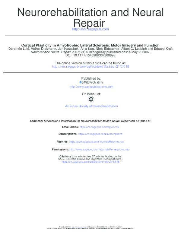 (PDF) Cortical Plasticity in Amyotrophic Lateral Sclerosis: Motor ...