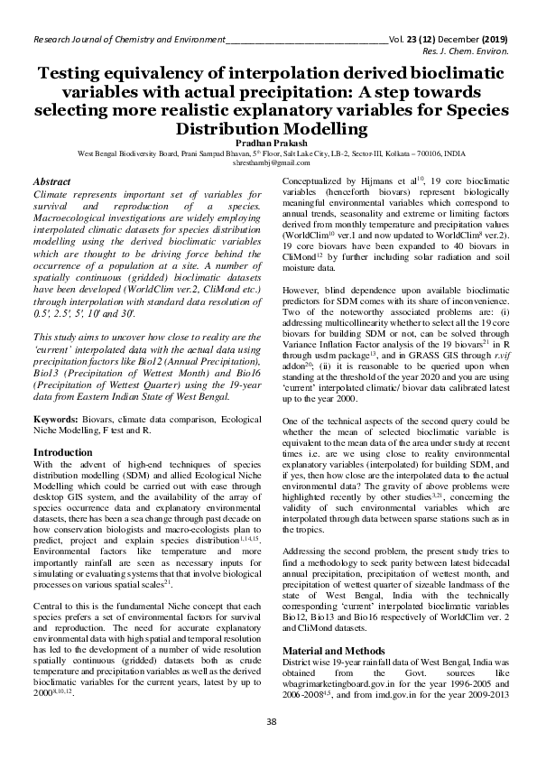 Pdf Testing Equivalency Of Interpolation Derived Bioclimatic Variables With Actual