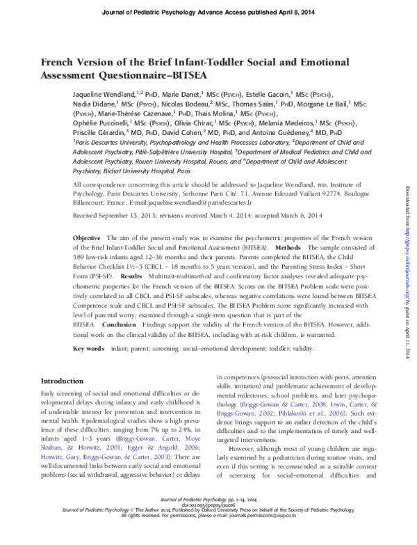 (PDF) French Version of the Brief Infant-Toddler Social and Emotional ...