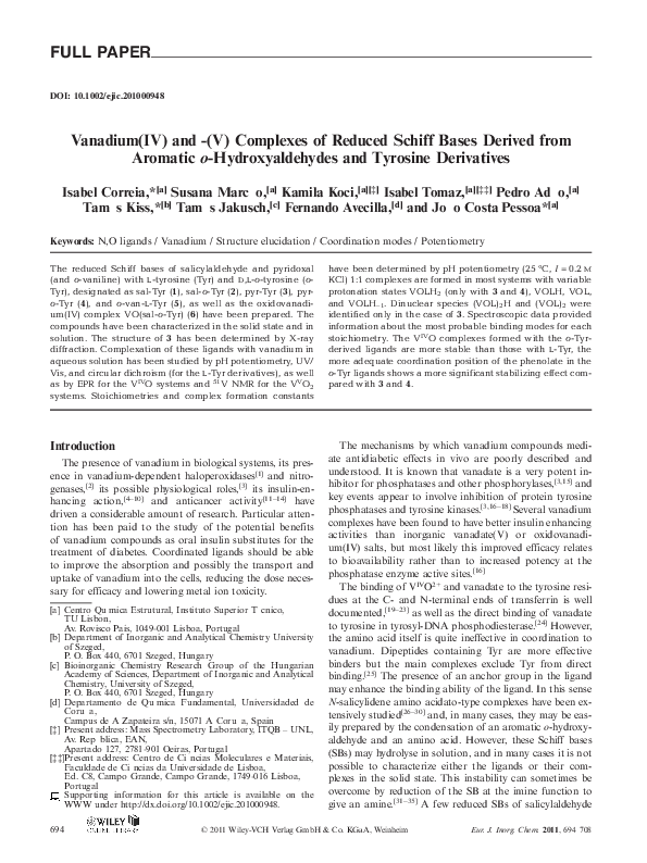(PDF) Vanadium(IV) and -(V) Complexes of Reduced Schiff Bases Derived ...