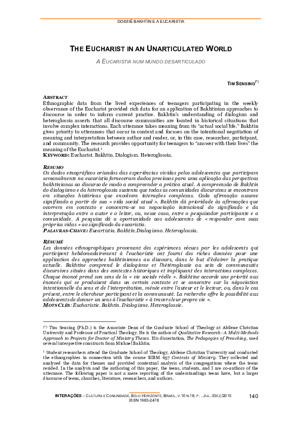 (PDF) The Eucharist in an Unarticulated world