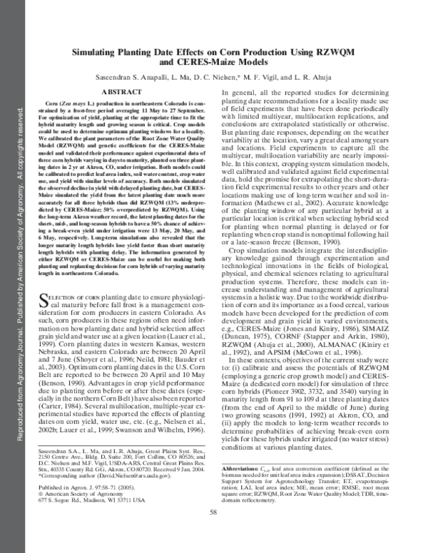 Pdf Simulating Planting Date Effects On Corn Production Using Rzwqm And Ceres Maize Models