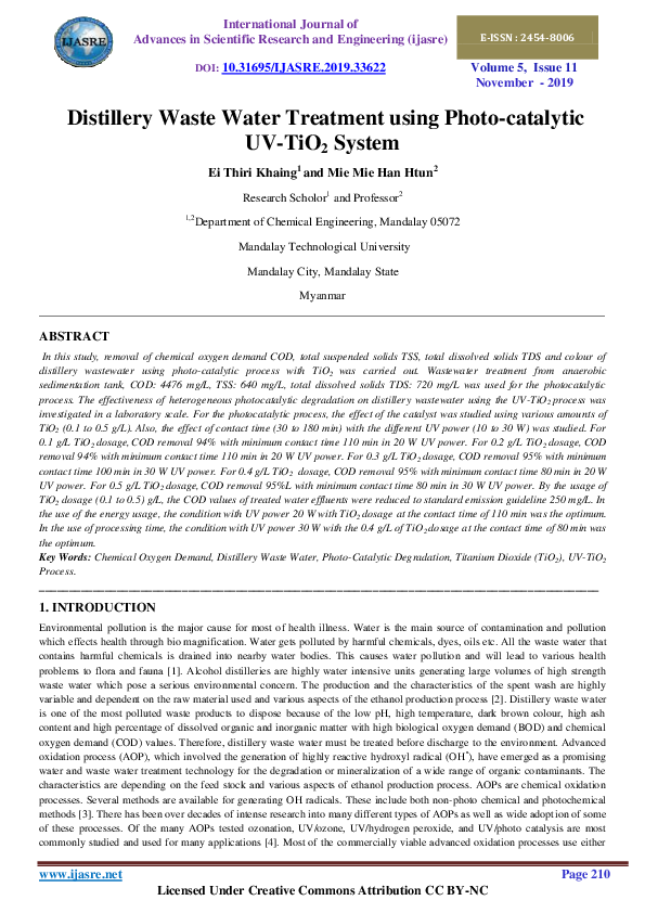 (PDF) Distillery Waste Water Treatment using Photo-catalytic UV-TiO2 System