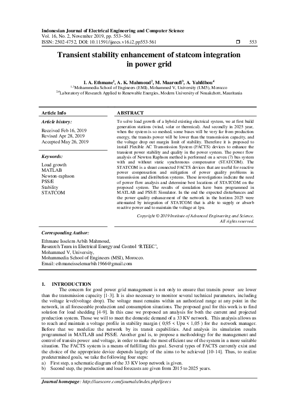 (PDF) Transient stability enhancement of statcom integration in power grid