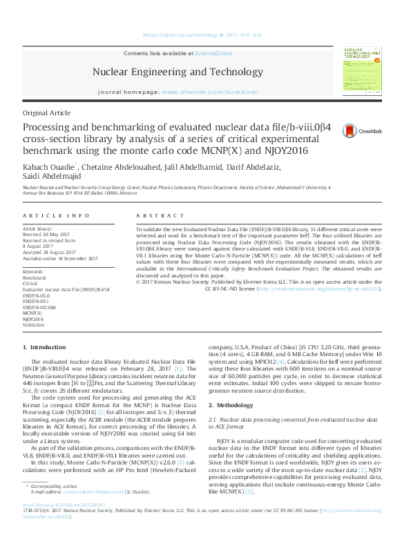 (PDF) Processing and Benchmarking of ENDF/B-VIII.0β4 Cross-section Library by Analysis of a ...
