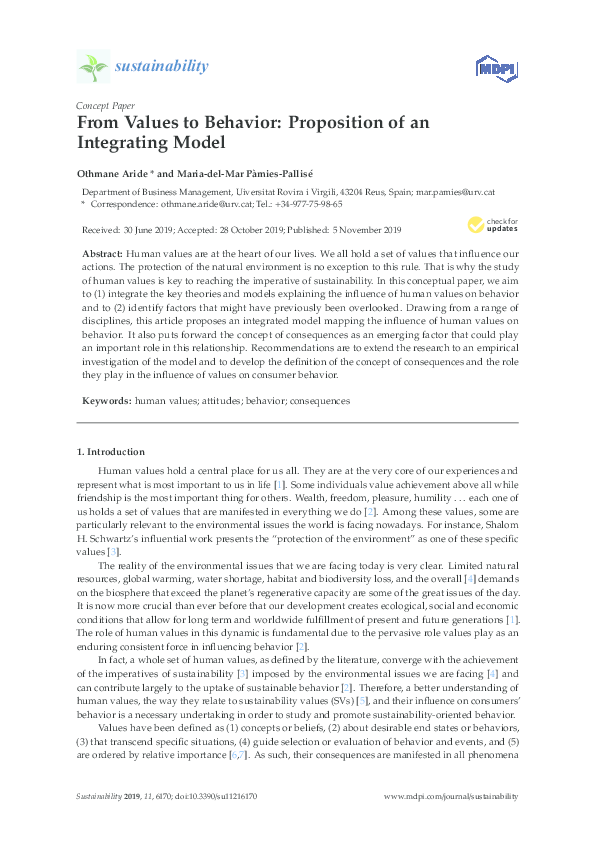 (PDF) From Values to Behavior: Proposition of an Integrating Model