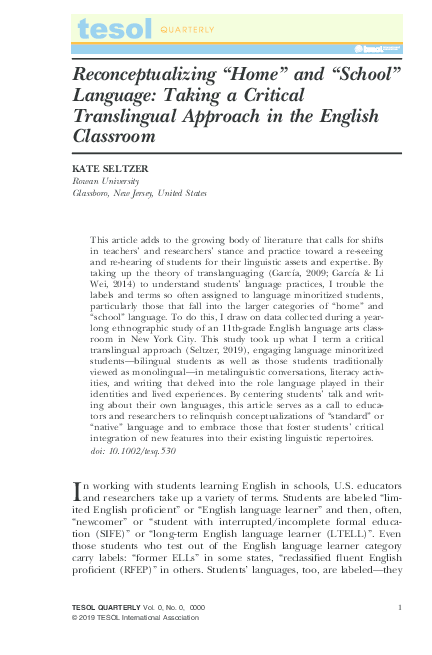 (PDF) Reconceptualizing "Home" and "School" Language: Taking a Critical ...