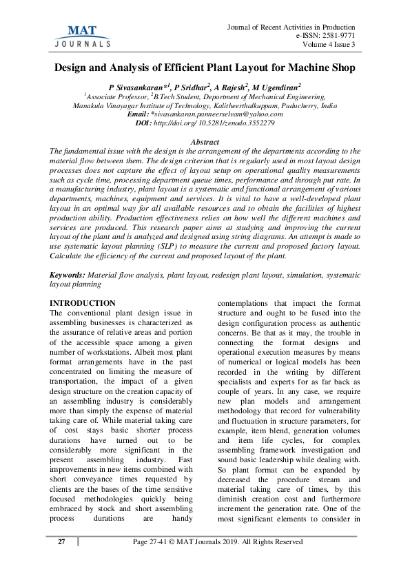 (PDF) Design and Analysis of Efficient Plant Layout for Machine Shop