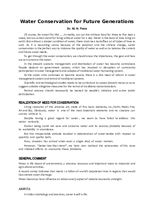 (DOC) Water Conservation for Future Generations REALIZATION OF NEED FOR ...