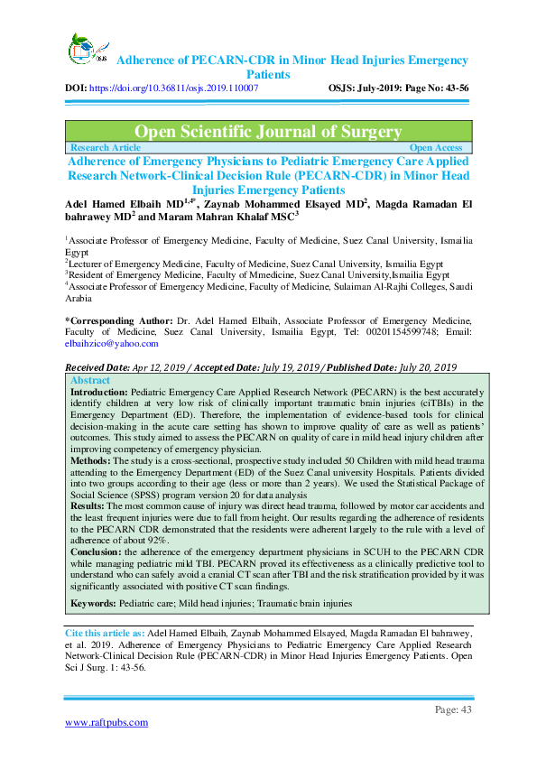 (PDF) Adherence of PECARN-CDR in Minor Head Injuries Emergency Patients ...