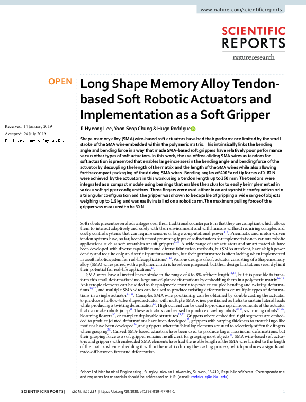 Pdf Long Shape Memory Alloy Tendon Based Soft Robotic Actuators And Implementation As A Soft
