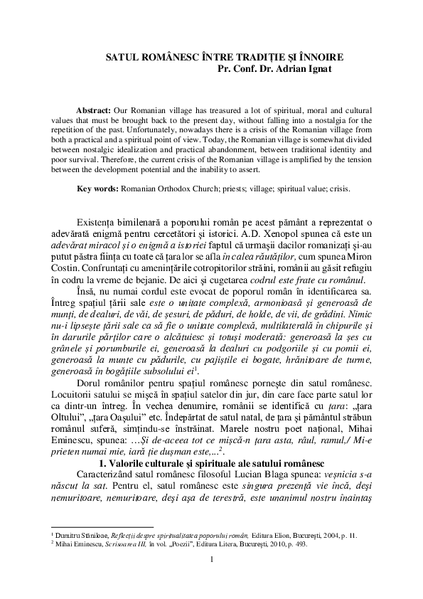(DOC) SATUL ROMÂNESC ÎNTRE TRADIȚIE ȘI ÎNNOIRE - Pr. Adrian Ignat ...