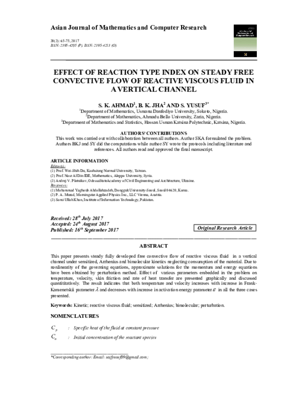 (PDF) EFFECT OF REACTION TYPE INDEX ON STEADY FREE CONVECTIVE FLOW OF REACTIVE VISCOUS FLUID IN ...