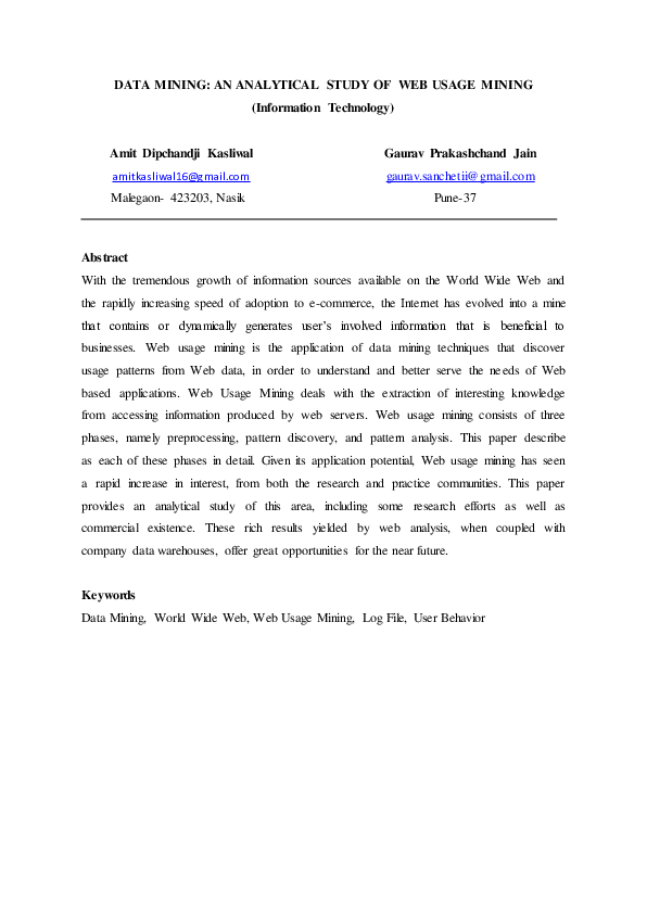 (PDF) DATA MINING: AN ANALYTICAL STUDY OF WEB USAGE MINING (Information Technology | gaurav jain ...