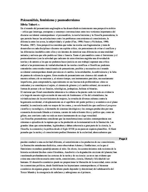 (DOC) Silvia Tubert Psicoanálisis, feminismo y posmodernismo
