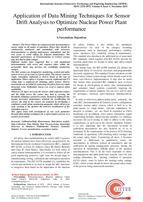 (PDF) Application of Data Mining Techniques for Sensor Drift Analysis to Optimize Nuclear Power ...