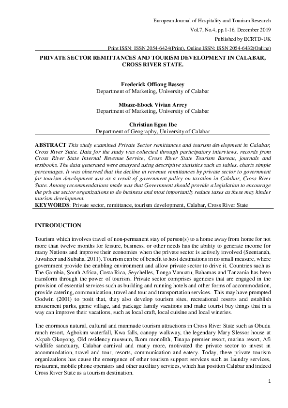 (PDF) PRIVATE SECTOR REMITTANCES AND TOURISM DEVELOPMENT IN CALABAR ...