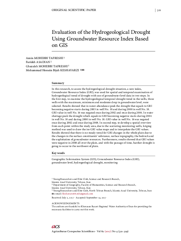 Pdf Evaluation Of The Hydrogeological Drought Using Groundwater Resource Index Based On Gis