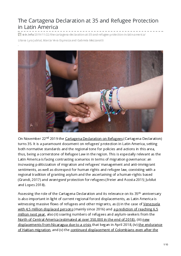 (PDF) The Cartagena Declaration at 35 and Refugee Protection in Latin ...