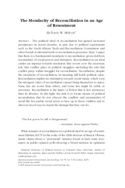 (PDF) The Mendacity of Reconciliation in an Age of Resentment