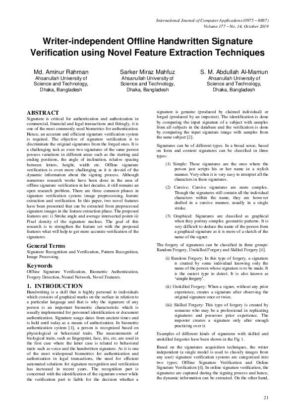 (PDF) Writer-independent Offline Handwritten Signature Verification using Novel Feature ...