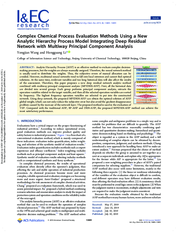 (PDF) Complex Chemical Process Evaluation Methods Using a New Analytic Hierarchy Process Model ...