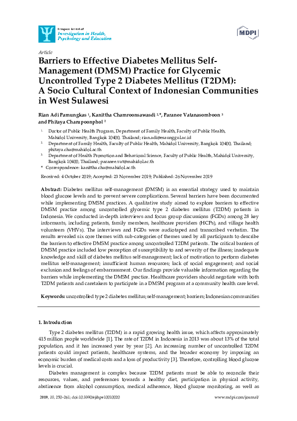 (PDF) Barriers to Effective Diabetes Mellitus Self- Management (DMSM ...