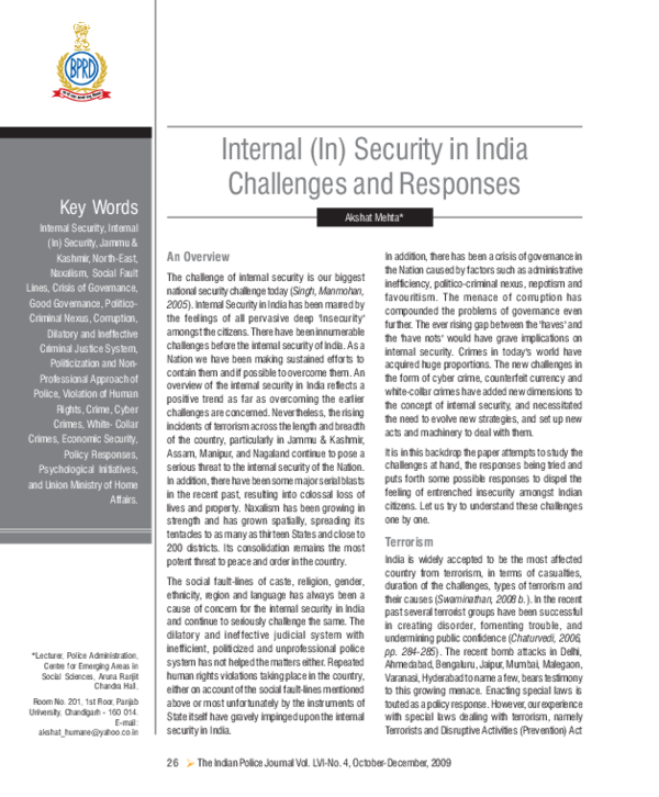 (PDF) Internal (In) Security in India Challenges and Responses