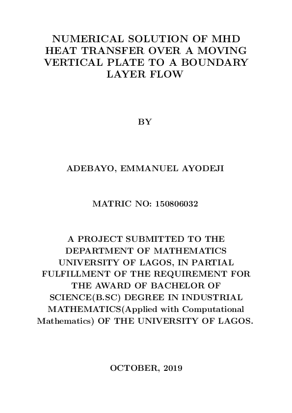 Pdf Numerical Solution Of Mhd Heat Transfer Over A Moving Vertical Plate To A Boundary Layer Flow