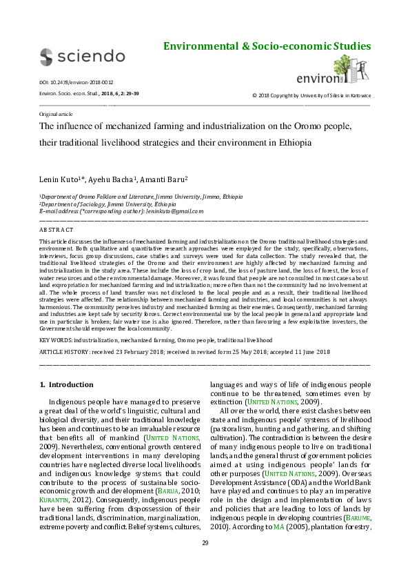 (PDF) Environmental & Socio-economic Studies The influence of ...
