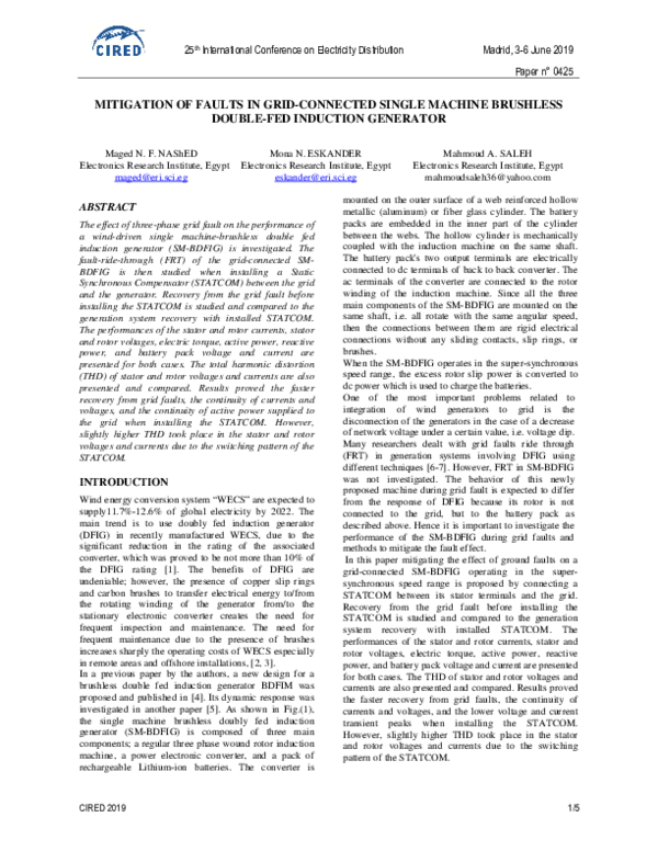 Pdf Mitigation Of Faults In Grid Connected Single Machine Brushless Double Fed Induction Generator