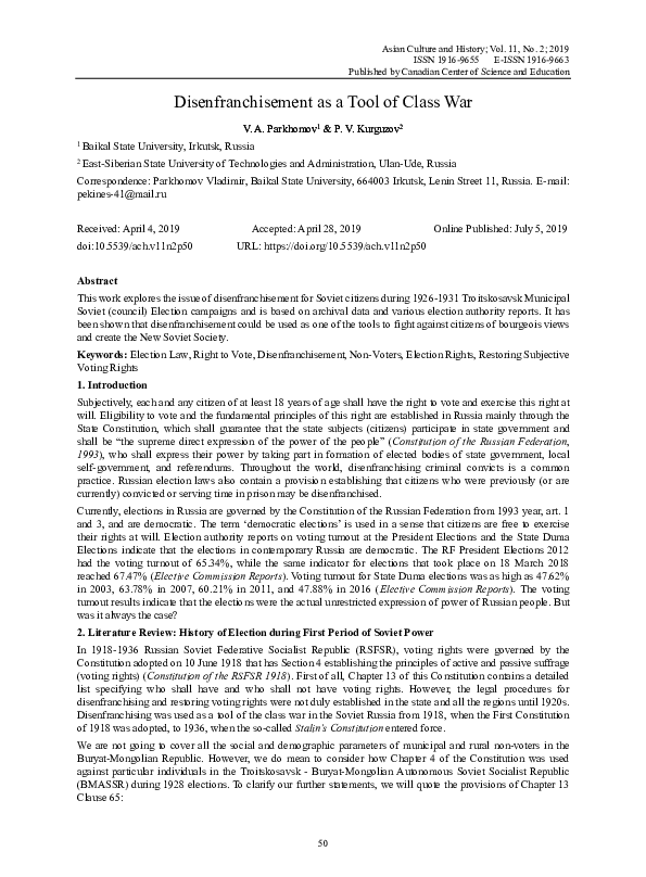 (PDF) Disenfranchisement as a Tool of Class War