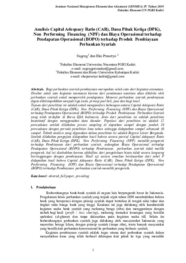 (PDF) Analisis Capital Adequacy Ratio (CAR), Dana Pihak Ketiga (DPK), Non Performing Financing ...