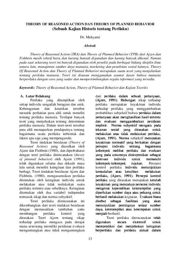 (PDF) THEORY OF REASONED ACTION DAN THEORY OF PLANNED BEHAVIOR (Sebuah Kajian Historis tentang ...