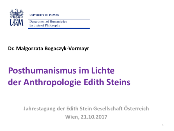 (PDF) PowerPoint: Posthumanismus im Lichte der Anthropologie Edith Steins