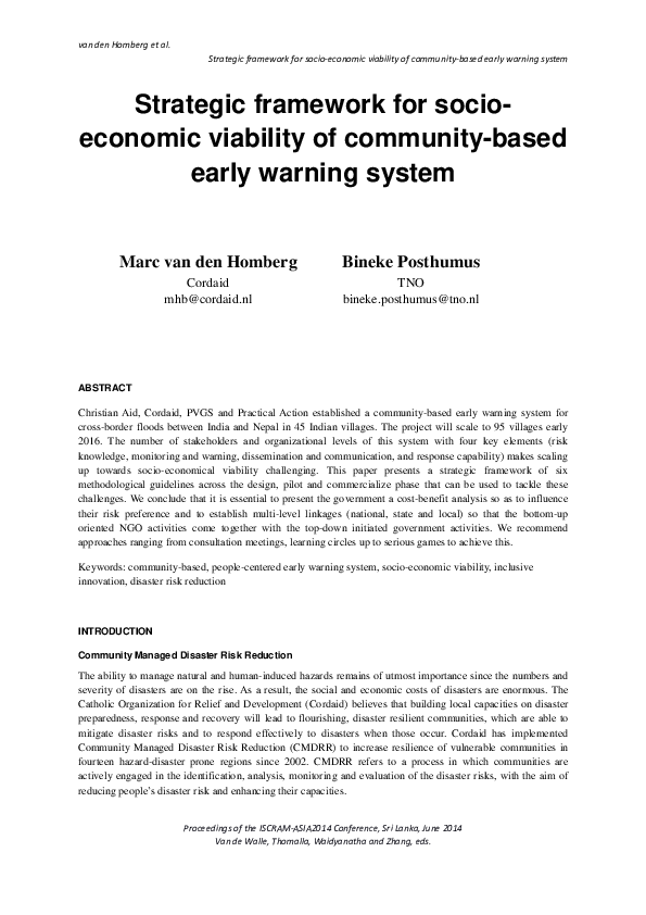 (PDF) Strategic framework for socioeconomic viability of community-based early warning system