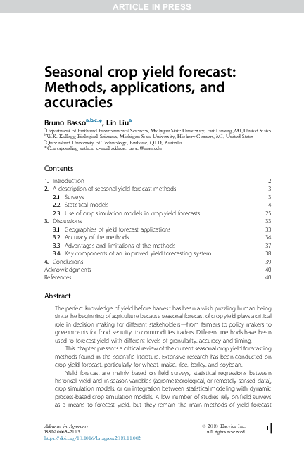 (PDF) Seasonal crop yield forecast: Methods, applications, and accuracies